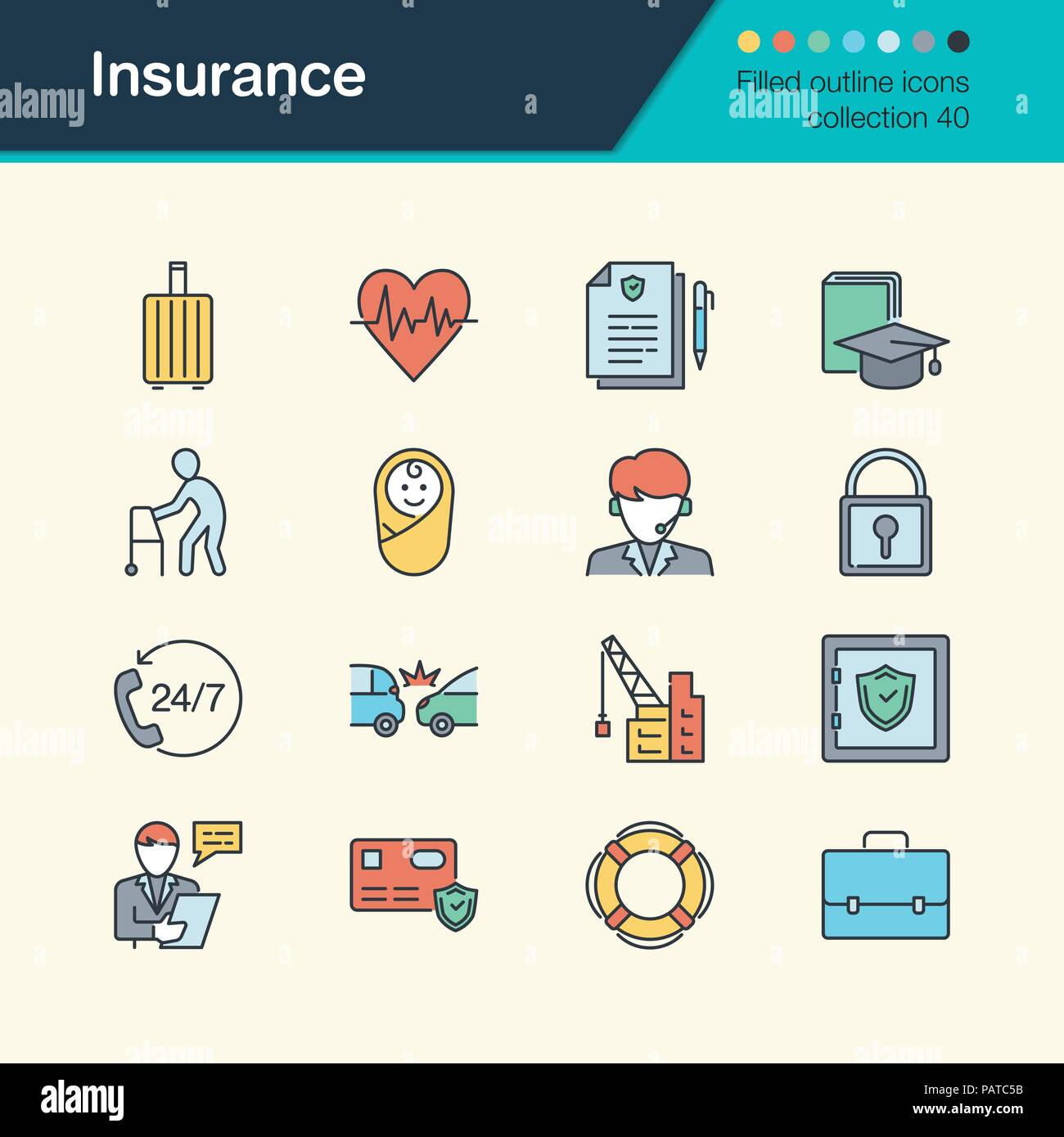 Insurance icons. Filled outline design collection 40. For presentation ...