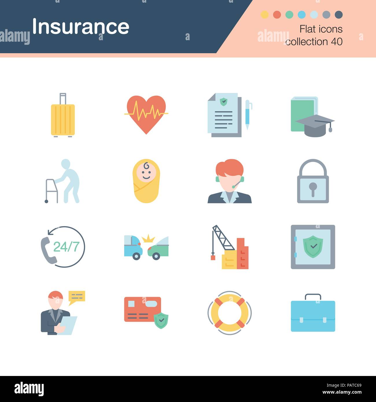 Insurance icons. Flat design collection 40. For presentation, graphic ...