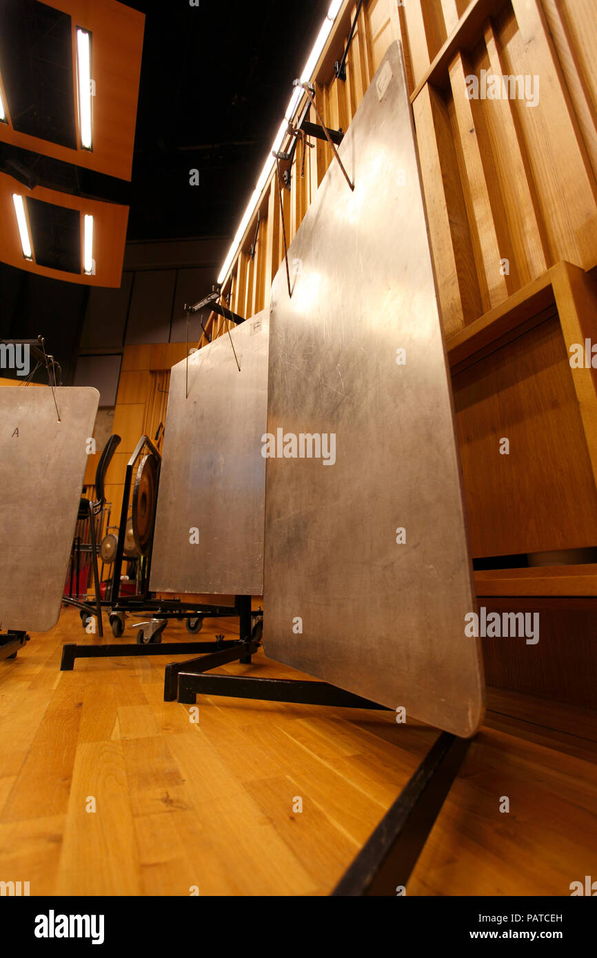 Bell plates hanging on stands. Aluminium pitched percussion instrument ...