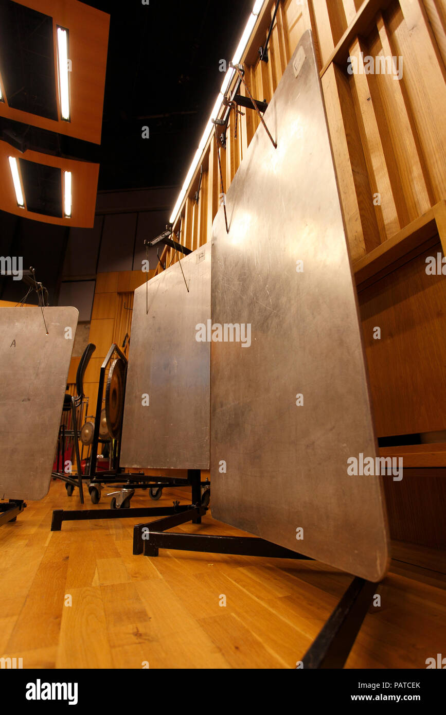 Bell plates hanging on stands. Aluminium pitched percussion instrument ...