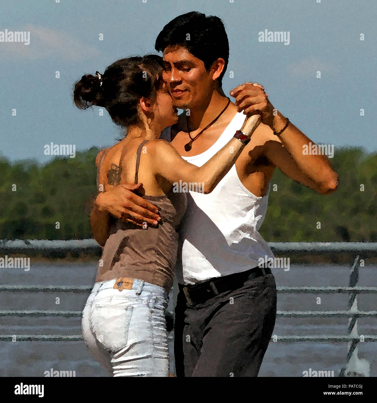 watercolored photograph of two young people dancing the tango. in hold ...