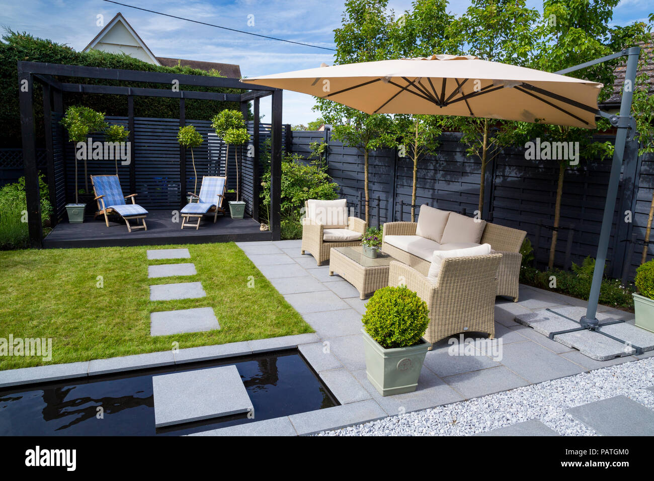 Patio seating area with Pyrus calleryana 'Chanticleer' trees screening ...