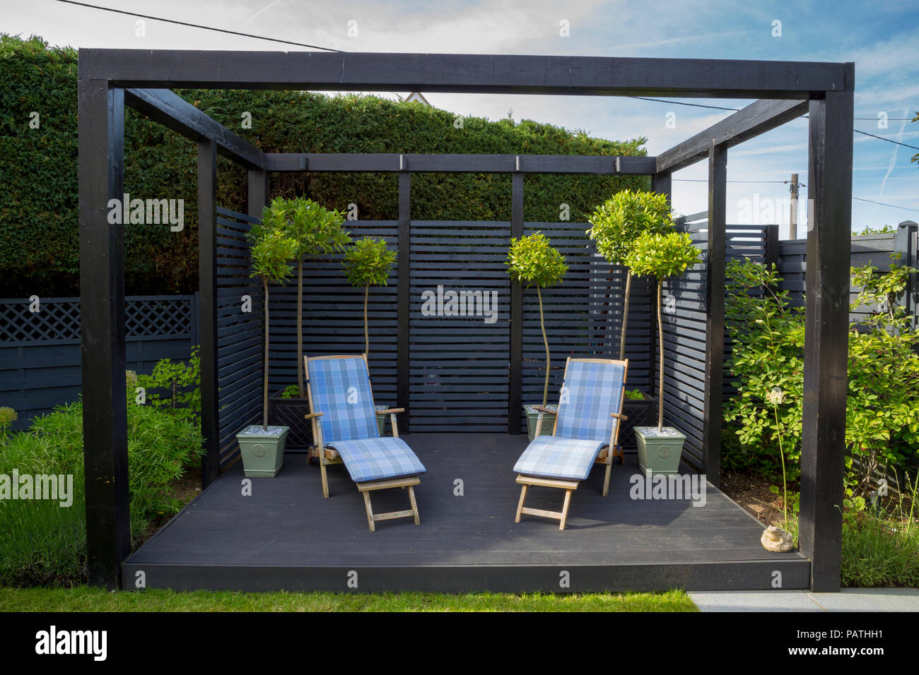 Cube pergola seating area painted black, with deck chairs and topiary ...