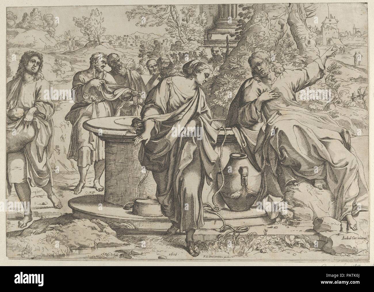 The Samaritan woman standing at the well, Christ seated next to her ...