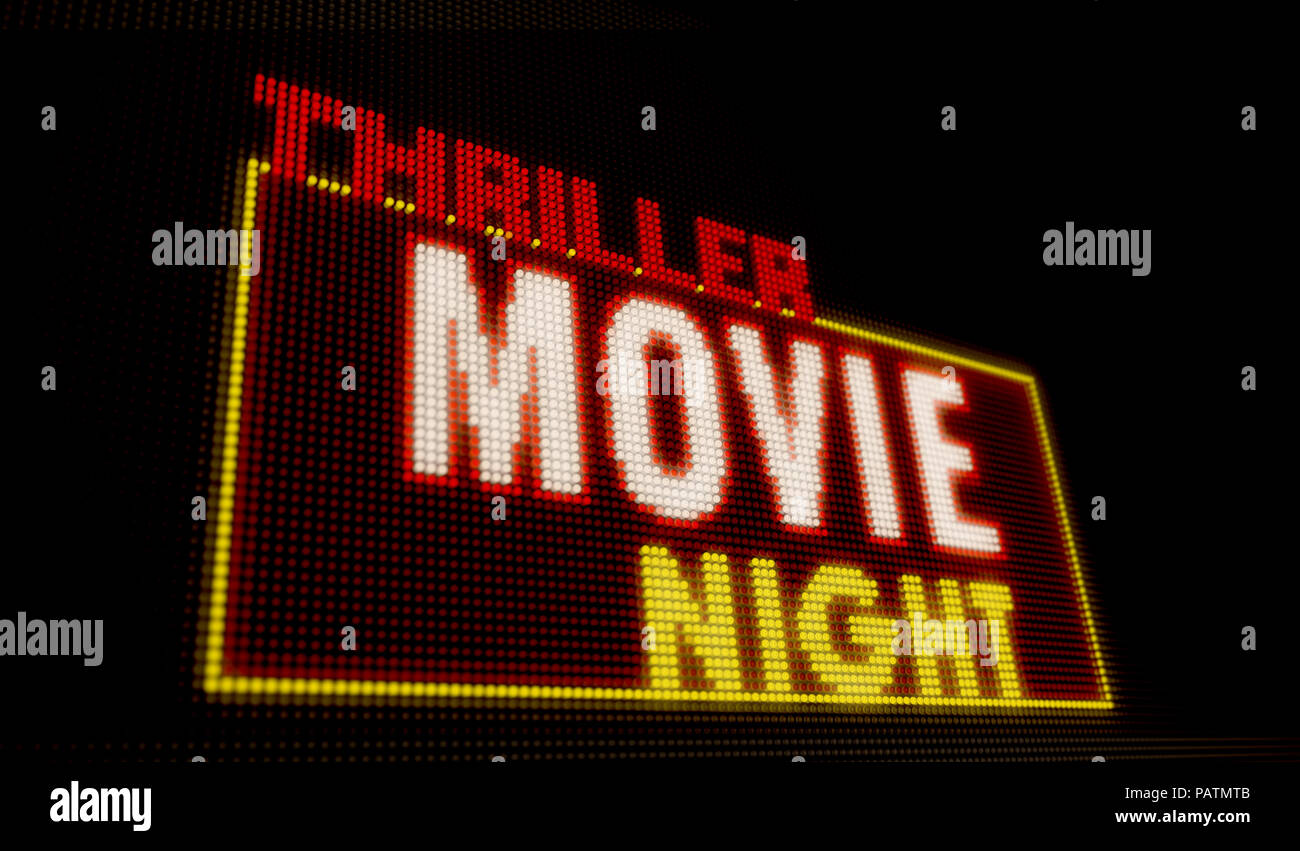 Thriller movie night retro intro illuminated letters on big neon ...