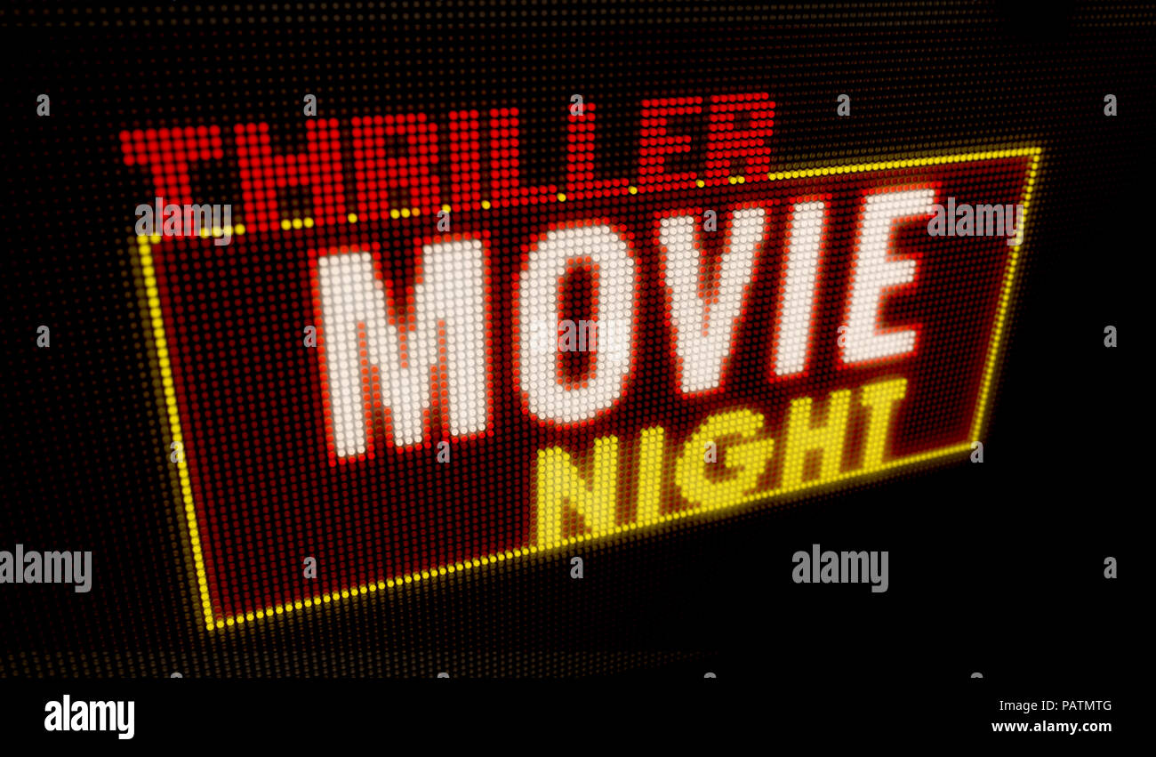 Thriller movie night retro intro illuminated letters on big neon ...