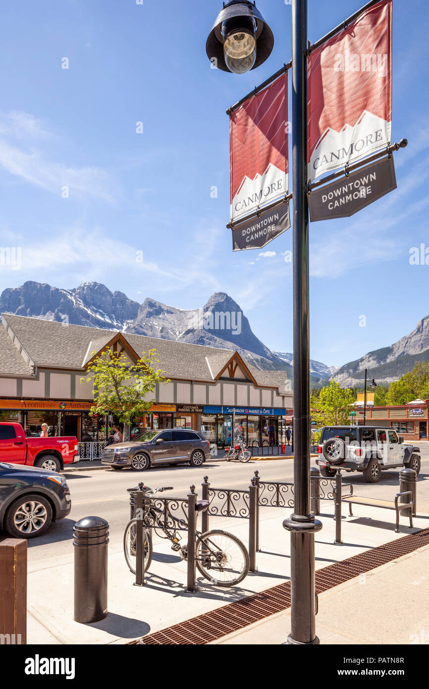 Downtown Canmore on the western edge of the Rocky Mountains, Alberta ...
