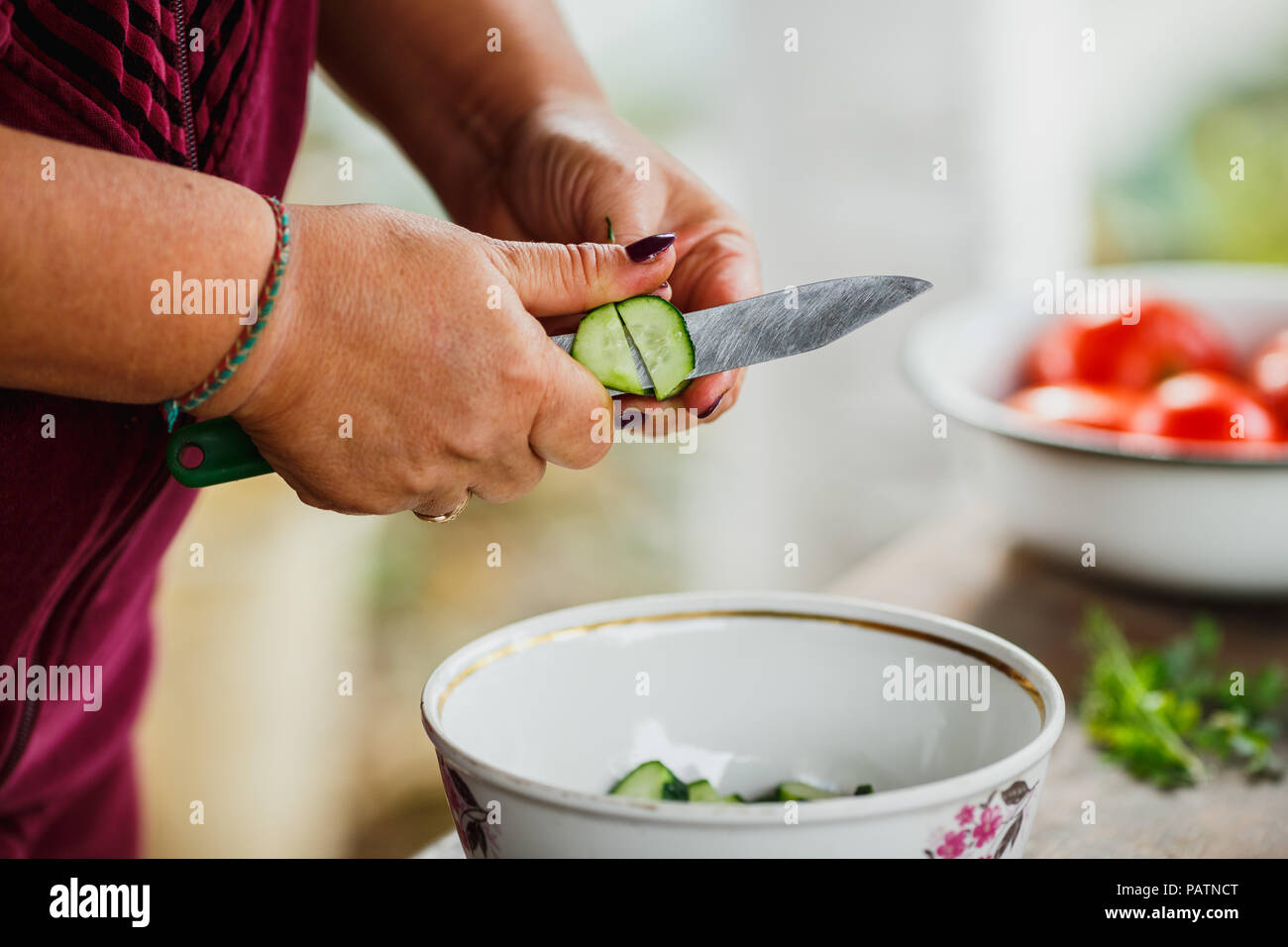 The Process Of Cutting Salad Cooking At Home Female Hands Cutting