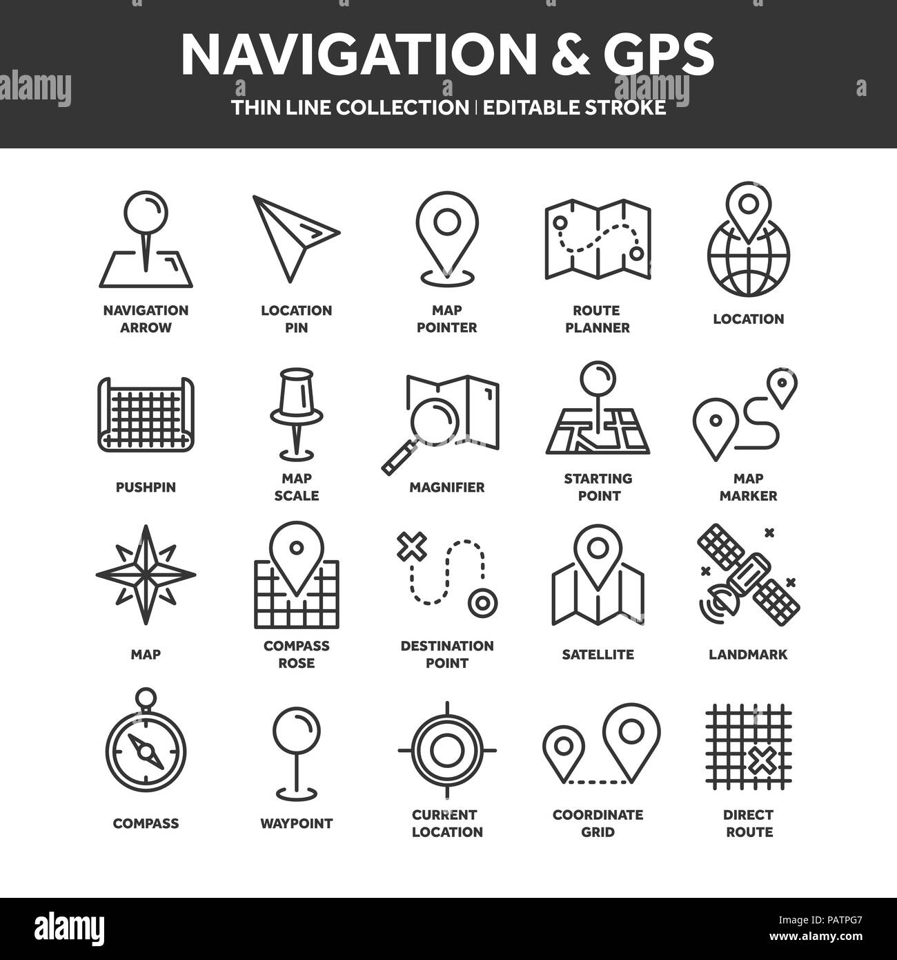 Map and navigation. GPS coordinates. Location icons. Line art Stock ...