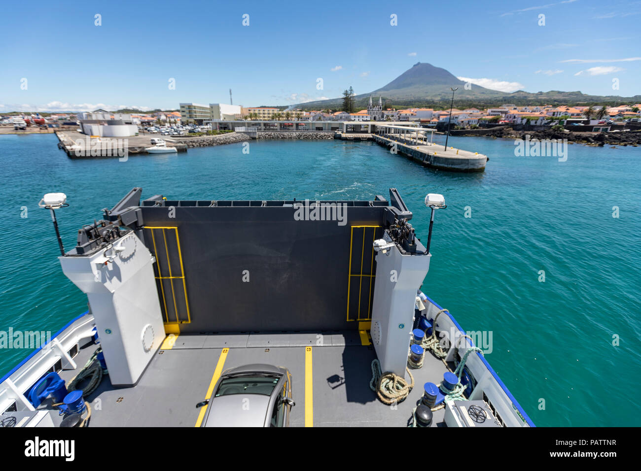 View of Mount Pico from the ferry to Horta, Madalena, Pico island ...
