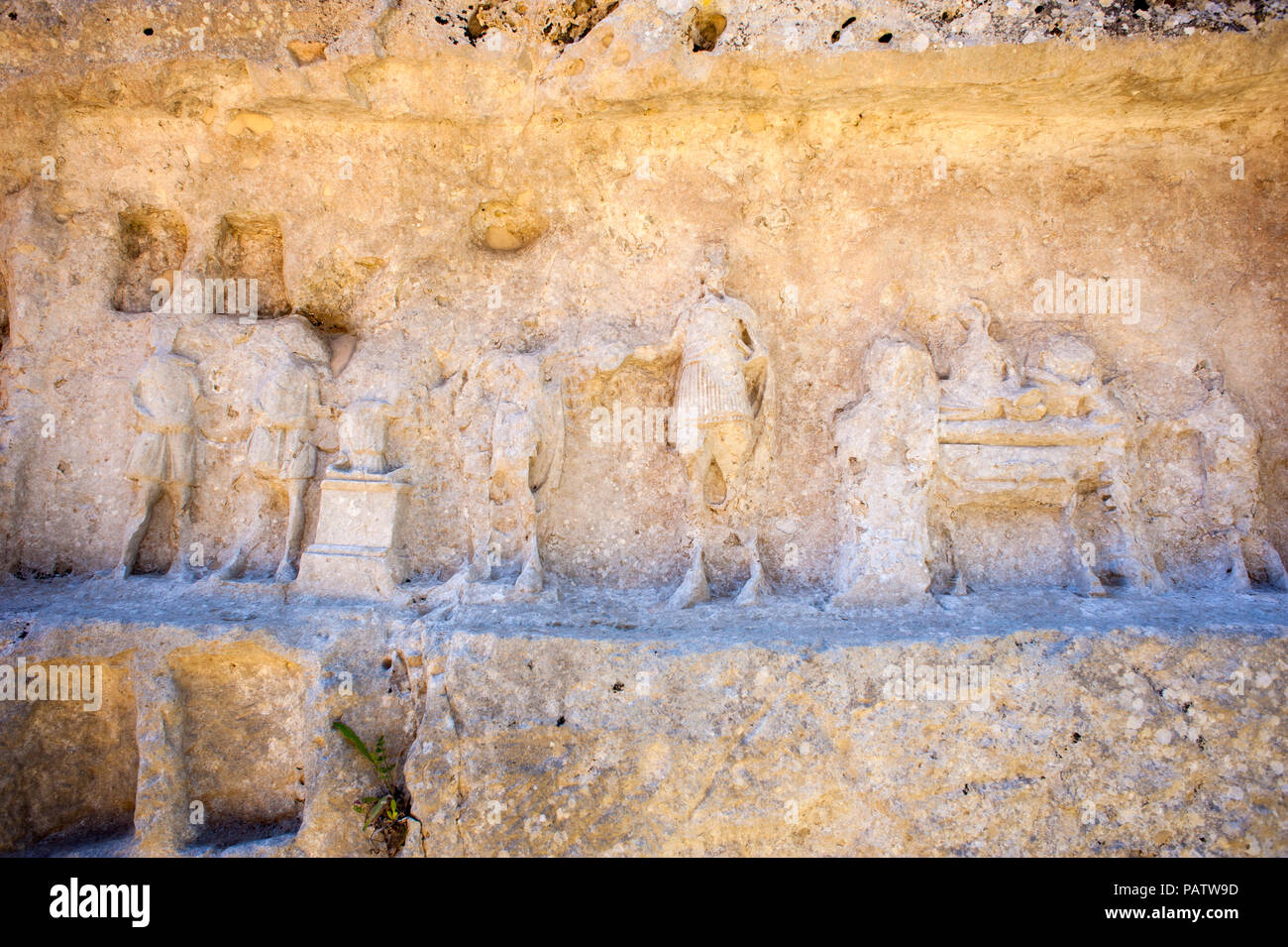 Intricate stone carvings at the Greek ruins of Akrai, an extensive ...