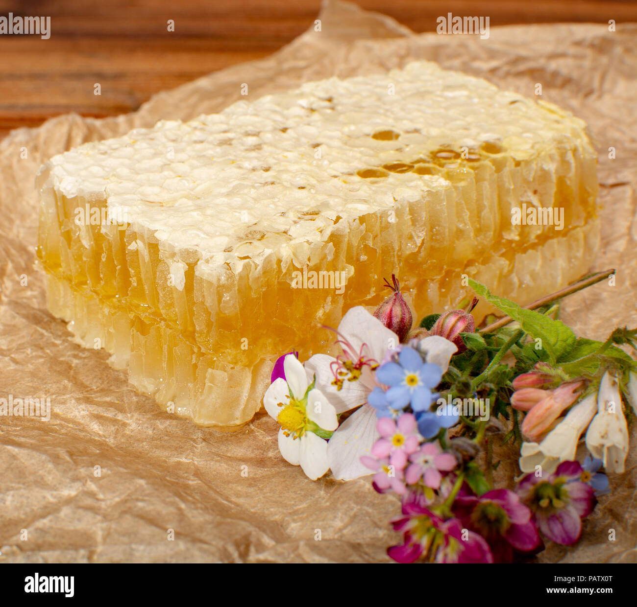 Homemade organic honey in honeycomb from farm apiary on mountains ...