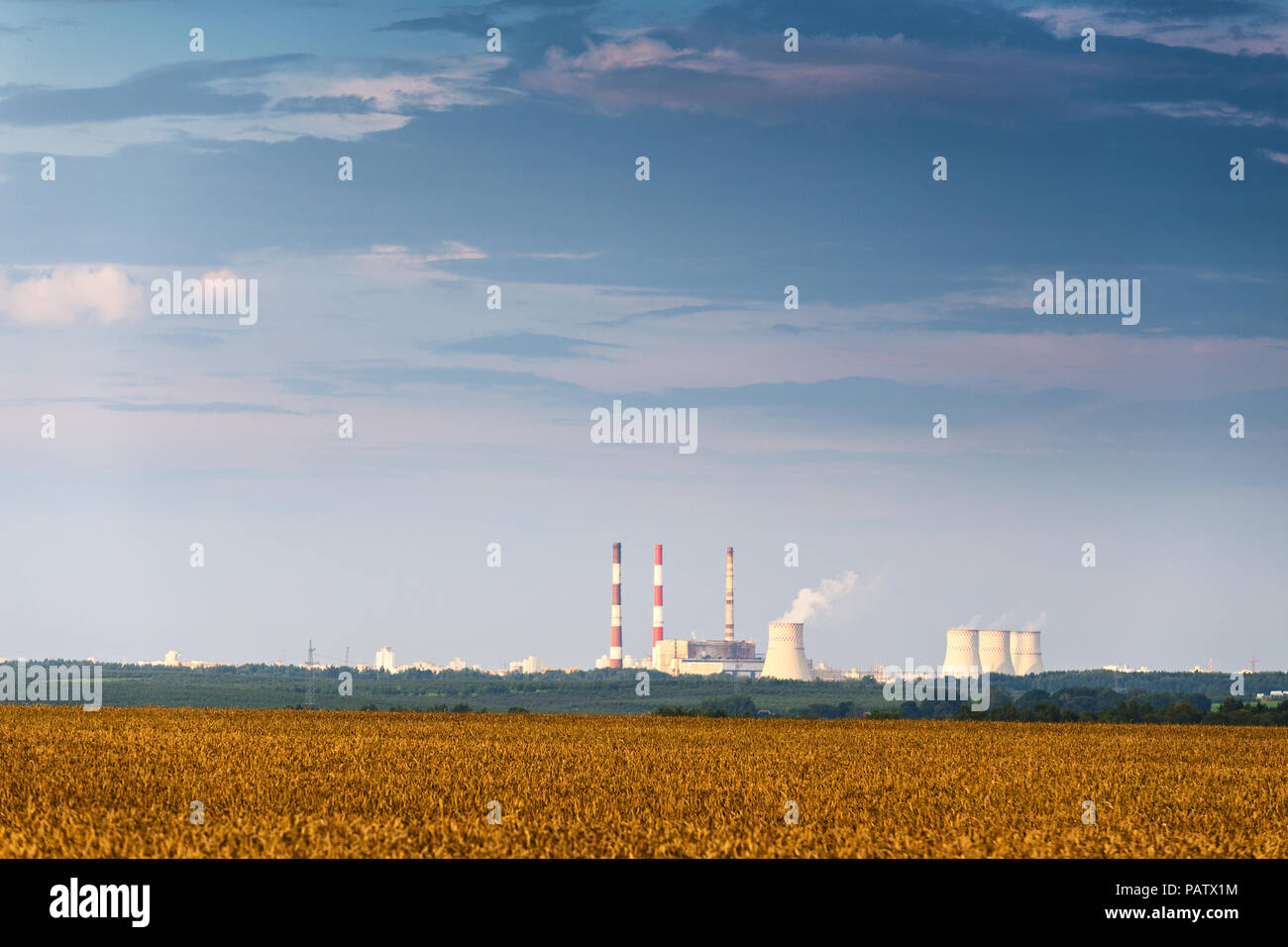Panoramic view of Nuclear power plant with golden wheat field. Power ...