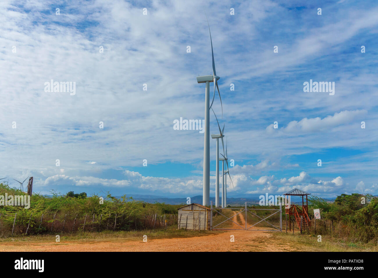 group of Wind power stations side view on blue sky background, Wind ...