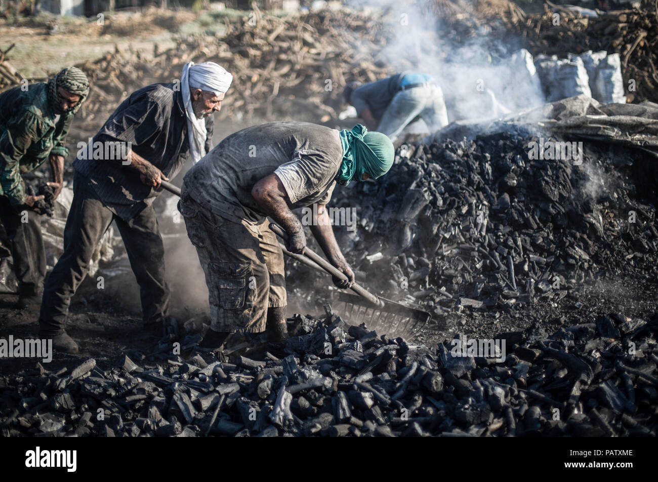 Palestinian workers are seen extracting charcoal at the facility ...