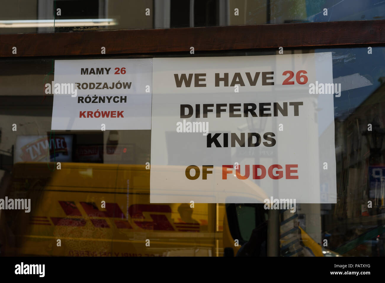 Shop window sign selling Polish Fudge, in English and Polish,Krakow ...