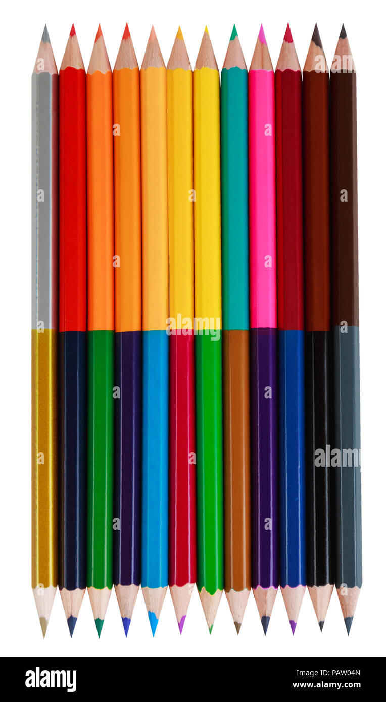 Bright double sided color pencils close up on white background, art ...