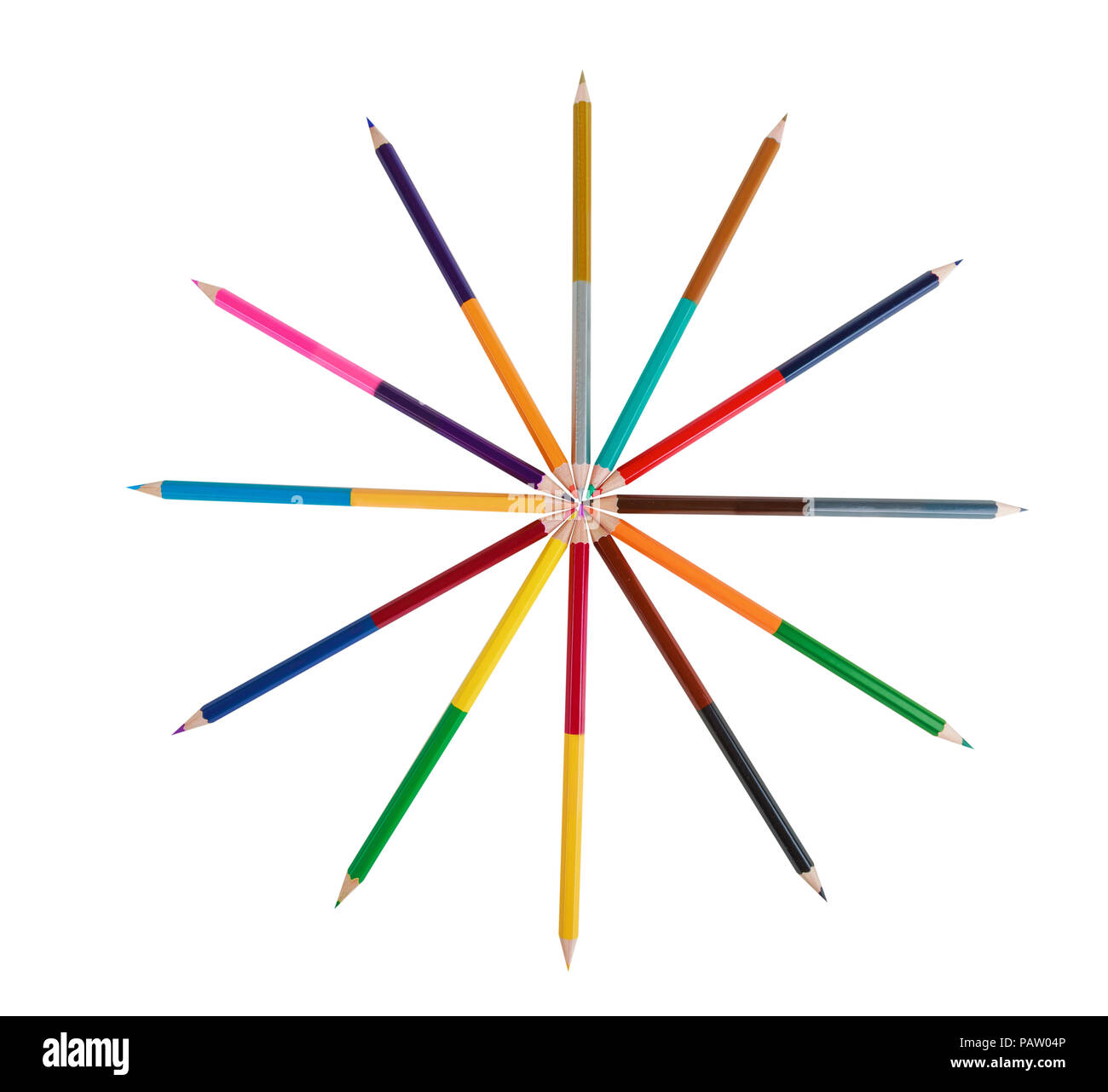 Bright double sided color pencils on white background, art concept ...