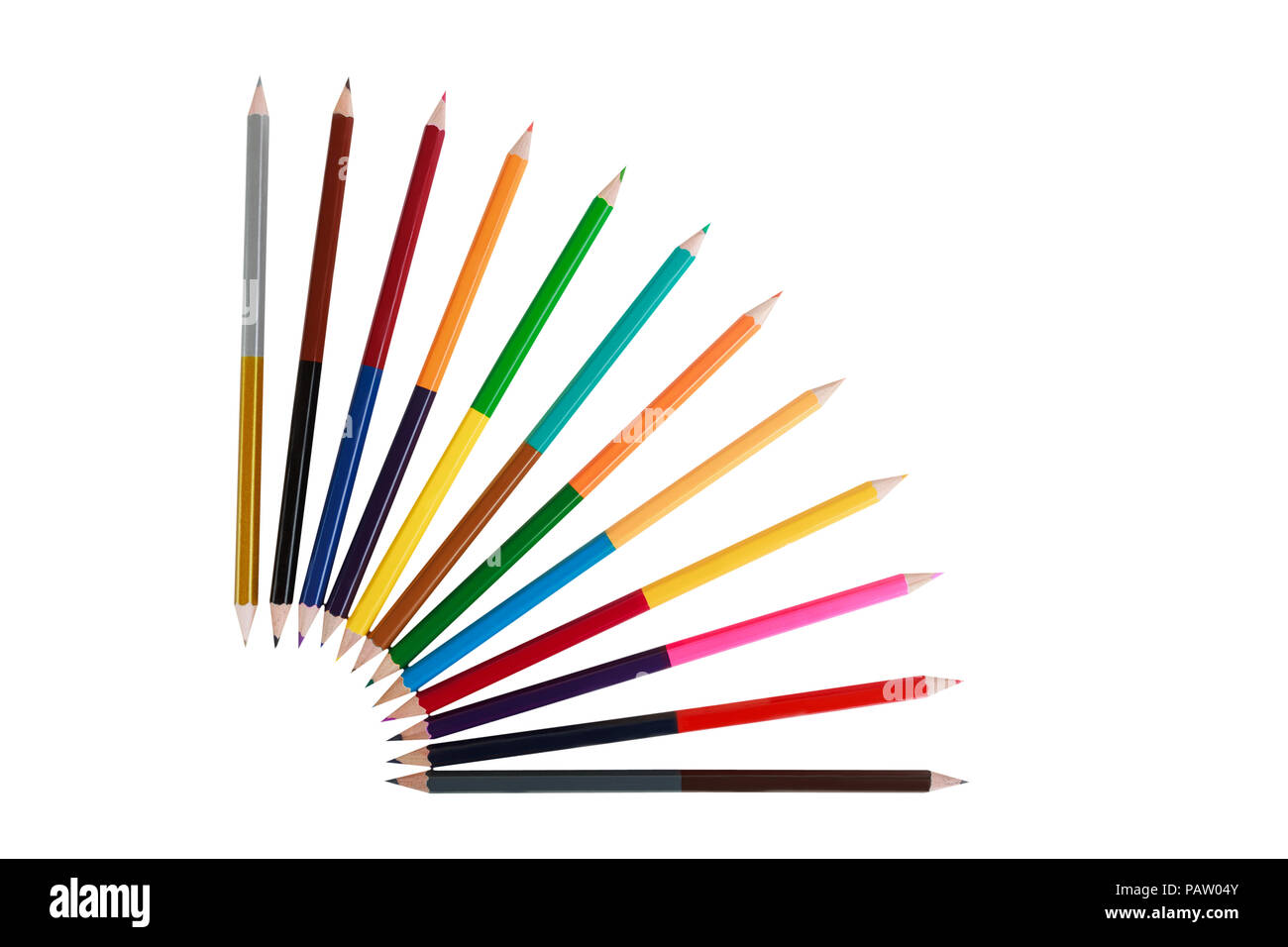 Bright double sided color pencils on white background, art concept ...