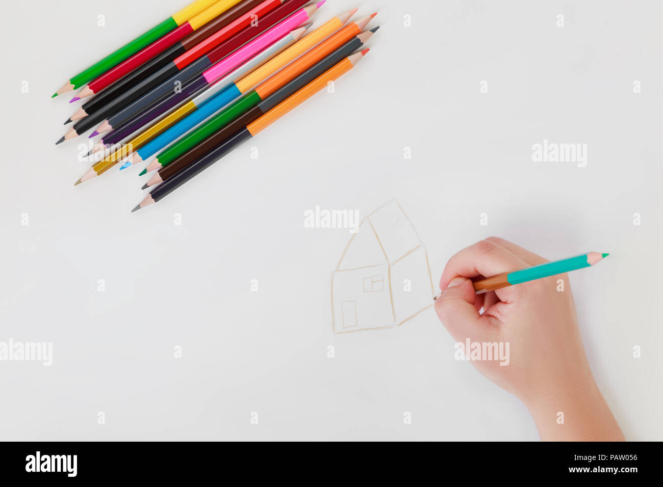 hand drawing with color double-sided pencils on white background ...