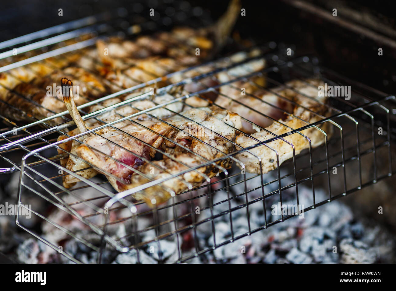 fish BBQ, the process of cooking fish on the grill, picnic food Stock ...