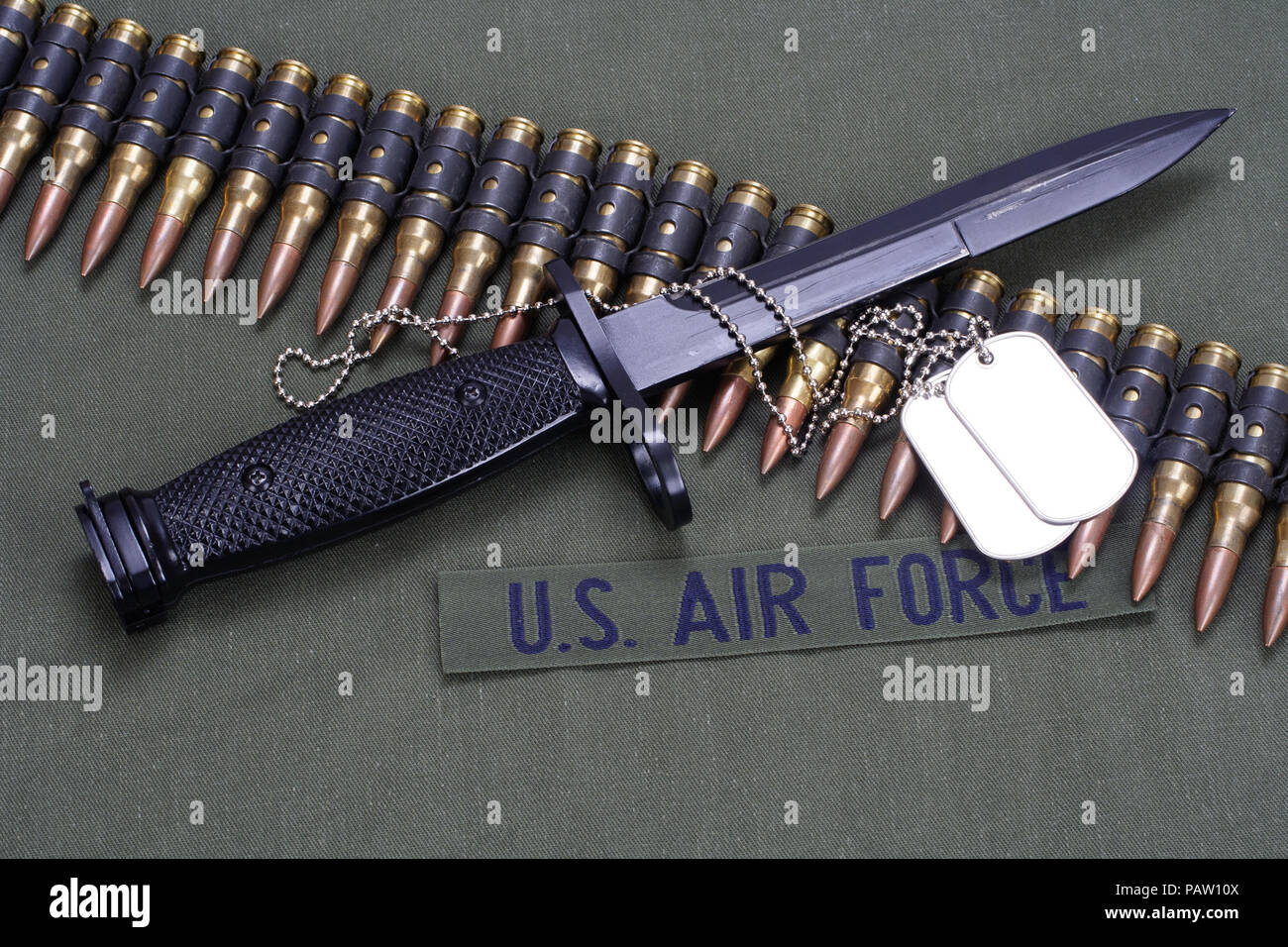 bayonet, dog tags and ammunition belt on US AIR FORCE uniform Stock ...
