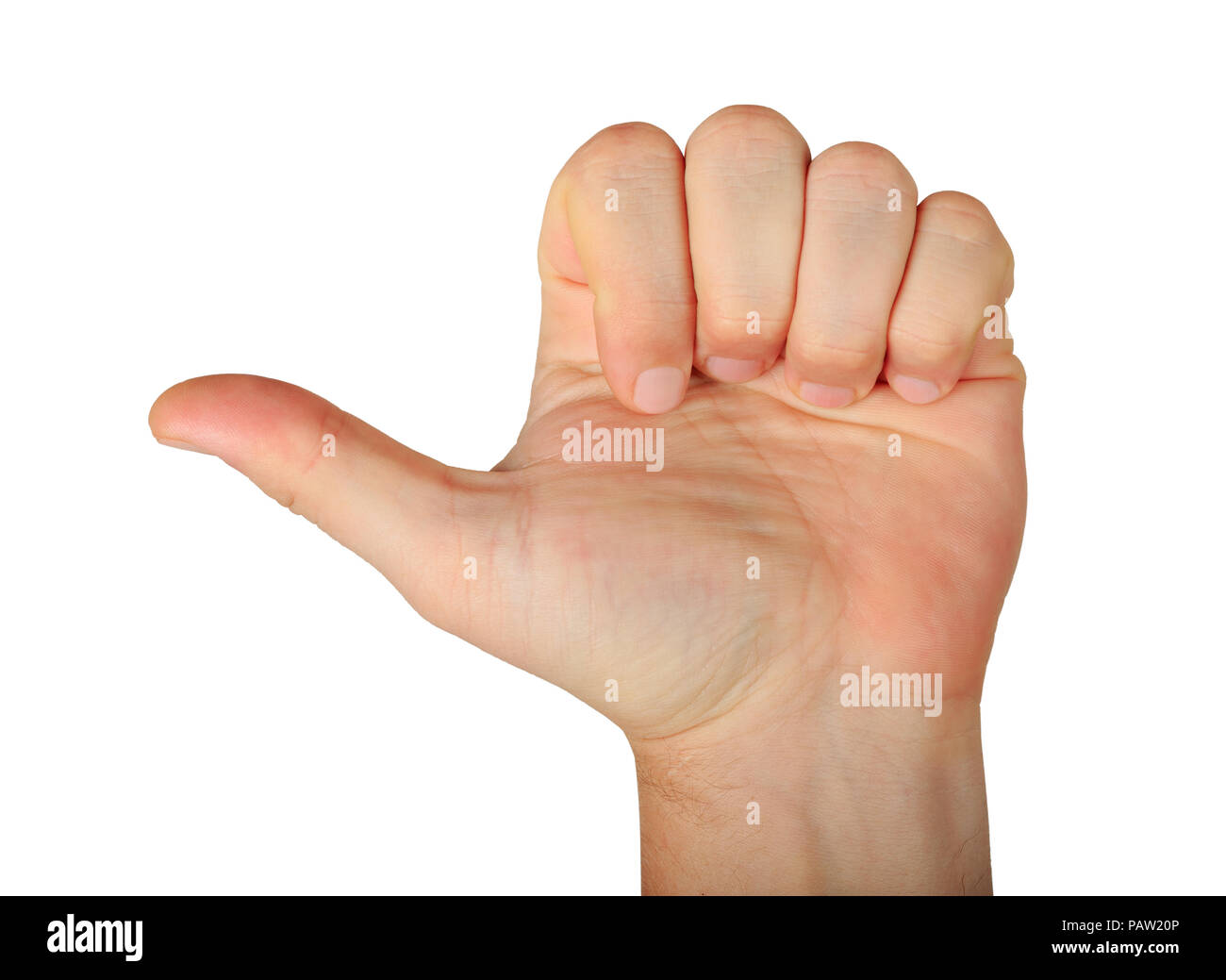 thumb gesture to the side with an open palm on white background Stock ...
