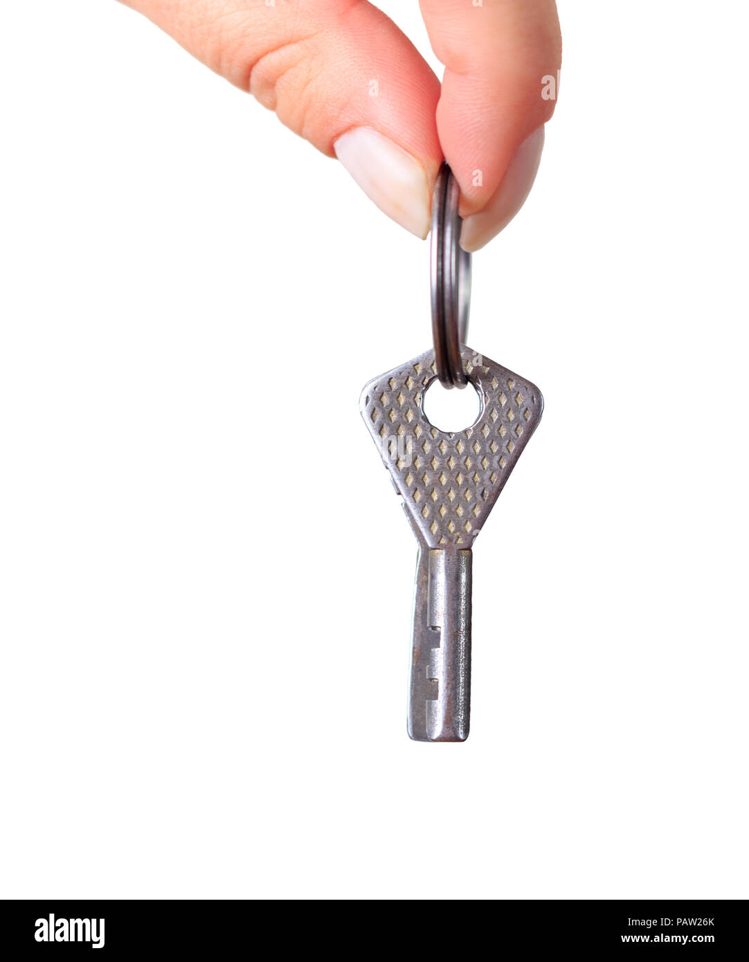 female hand holding metal silver key isolated on white background Stock ...