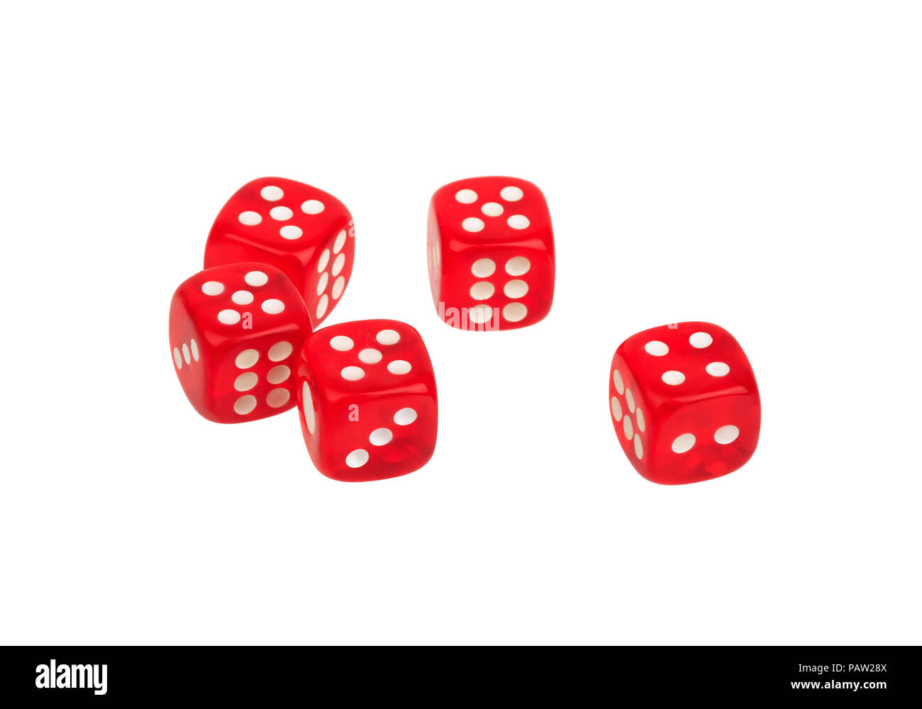 group of five red dices isolated on white background Stock Photo - Alamy