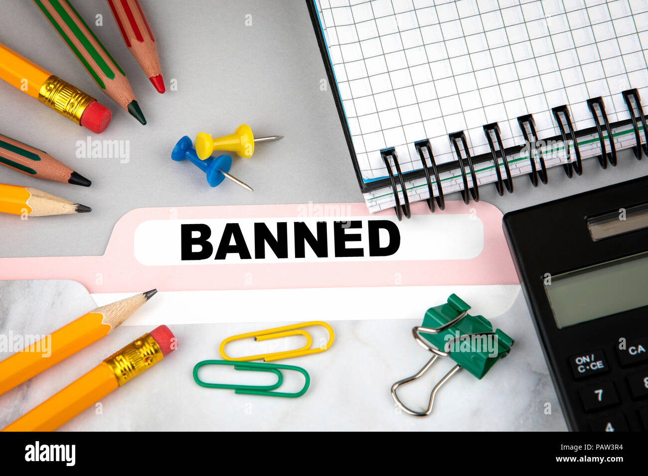 Banned, business and law concept. Folder Register on desk Stock Photo ...