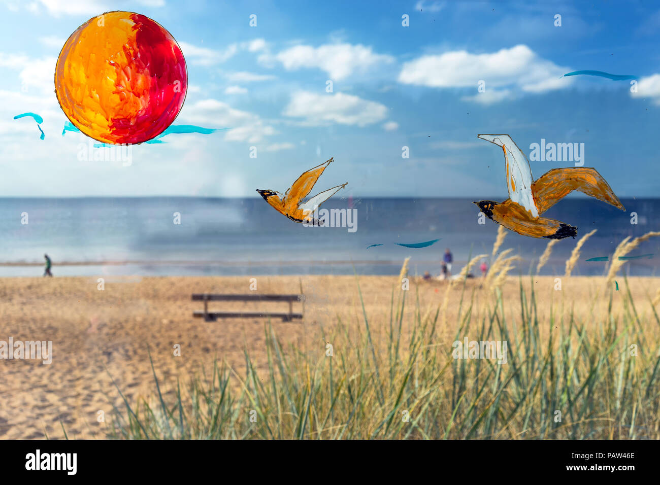 Painted on the glass and the sun strange gull on background sandy ...