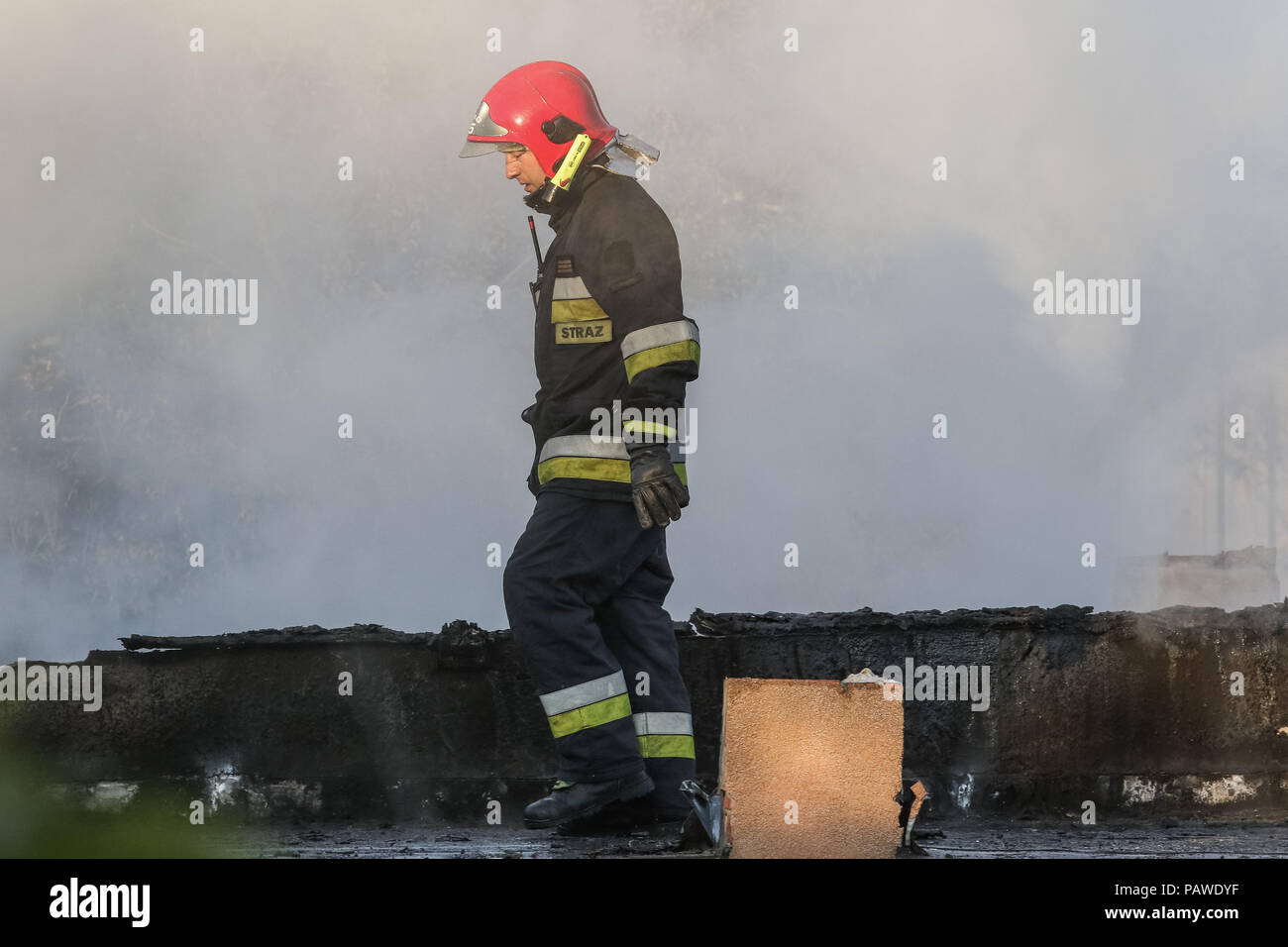 Gdansk, Poland 24th July 2018 Rescuers try to controll fire of the ...
