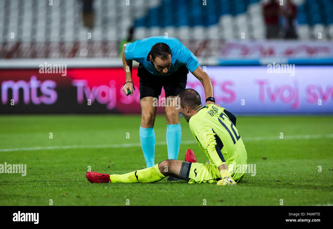 Belgrade, Serbia. 24th July, 2018. Referee Bastian Dankert of Germany talks with Goalkeeper Ivan ...