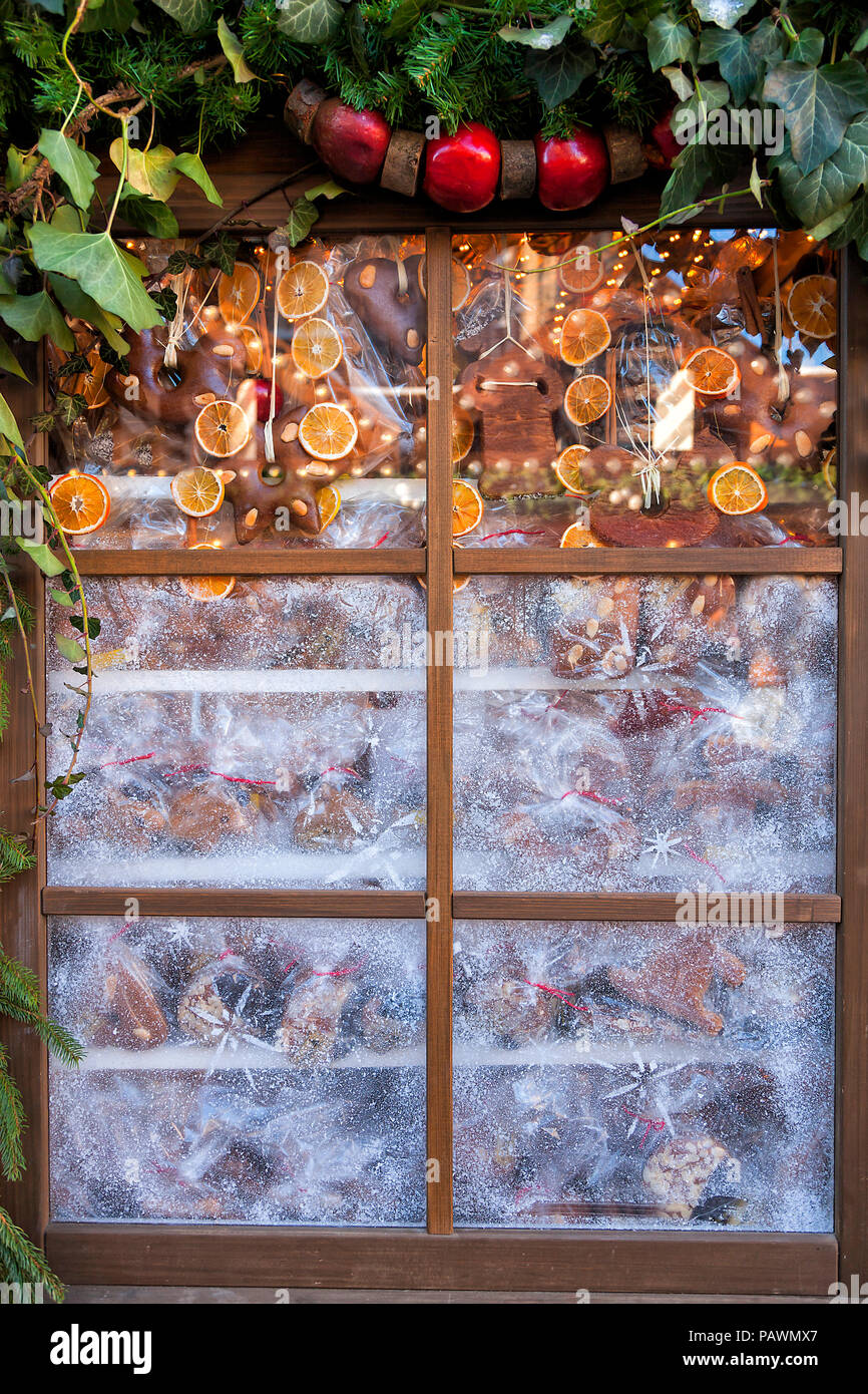 Christmas ornaments behind window Stock Photo - Alamy