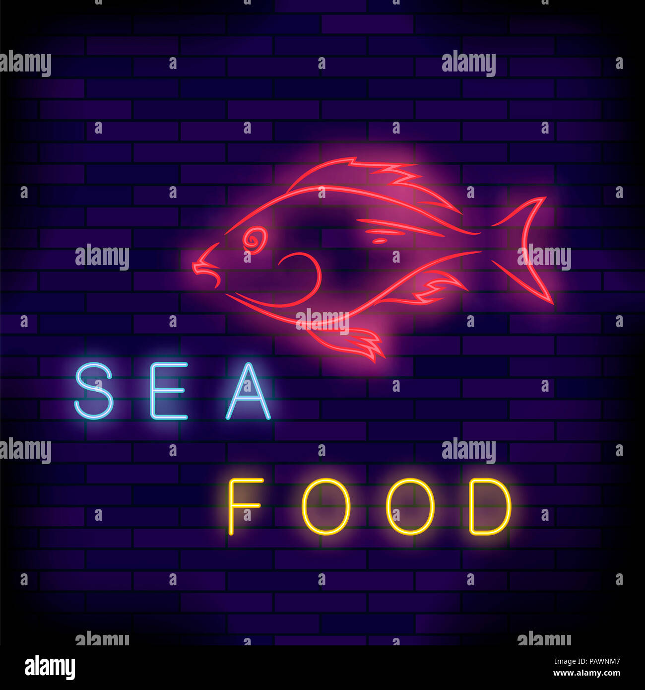 Colorful Neon Fish Cafe Sign Stock Photo - Alamy