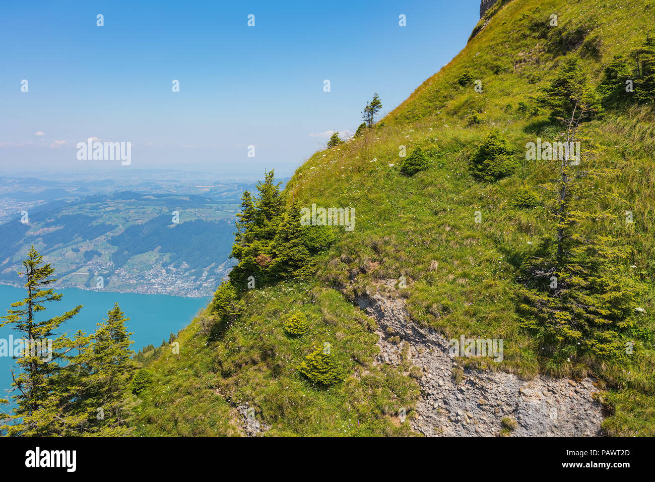 Slope of Mt. Rigi in Switzerland in summer. Mt. Rigi is a popular ...