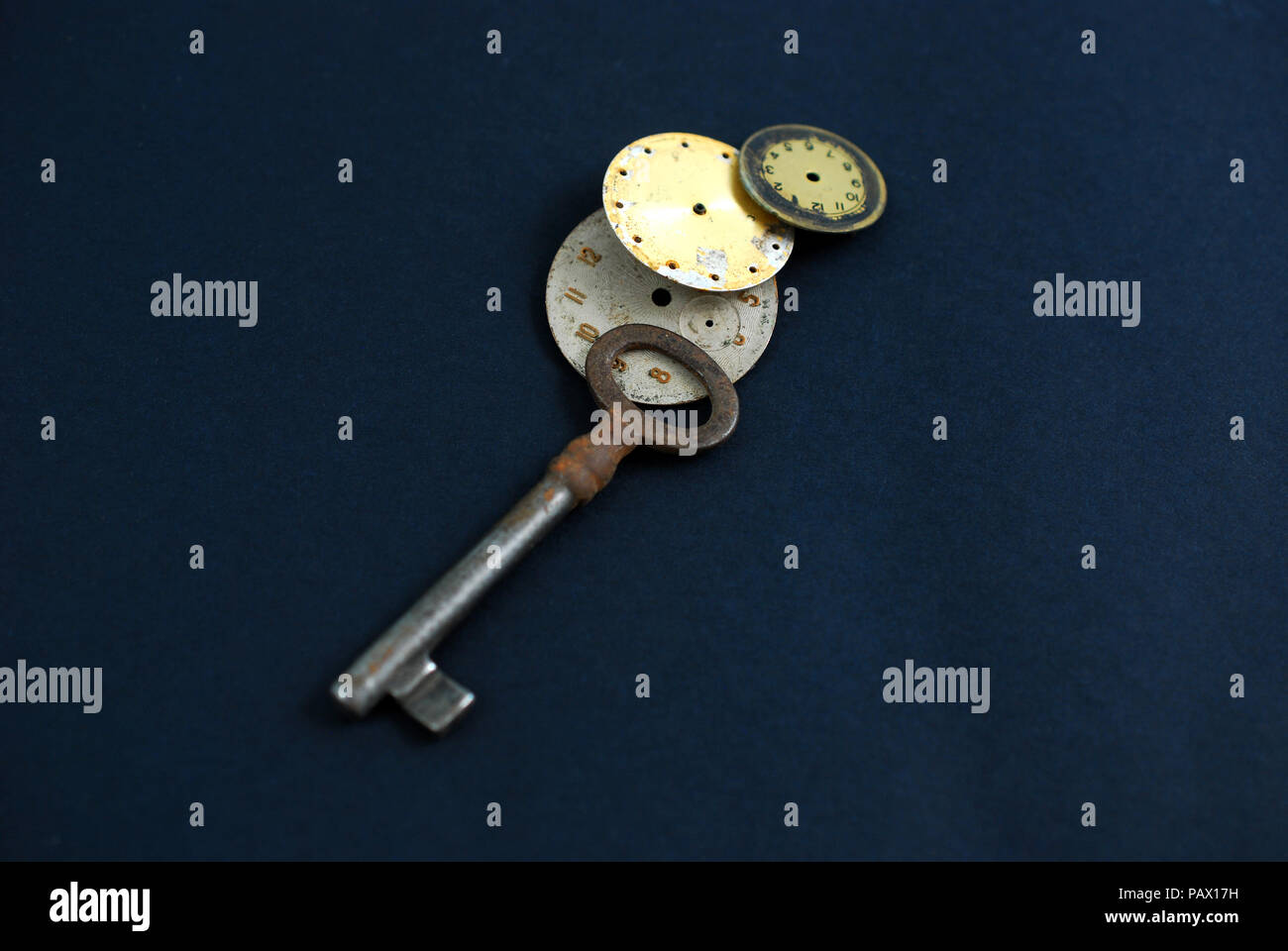 risty keys and vintage clocks, time concept image Stock Photo - Alamy