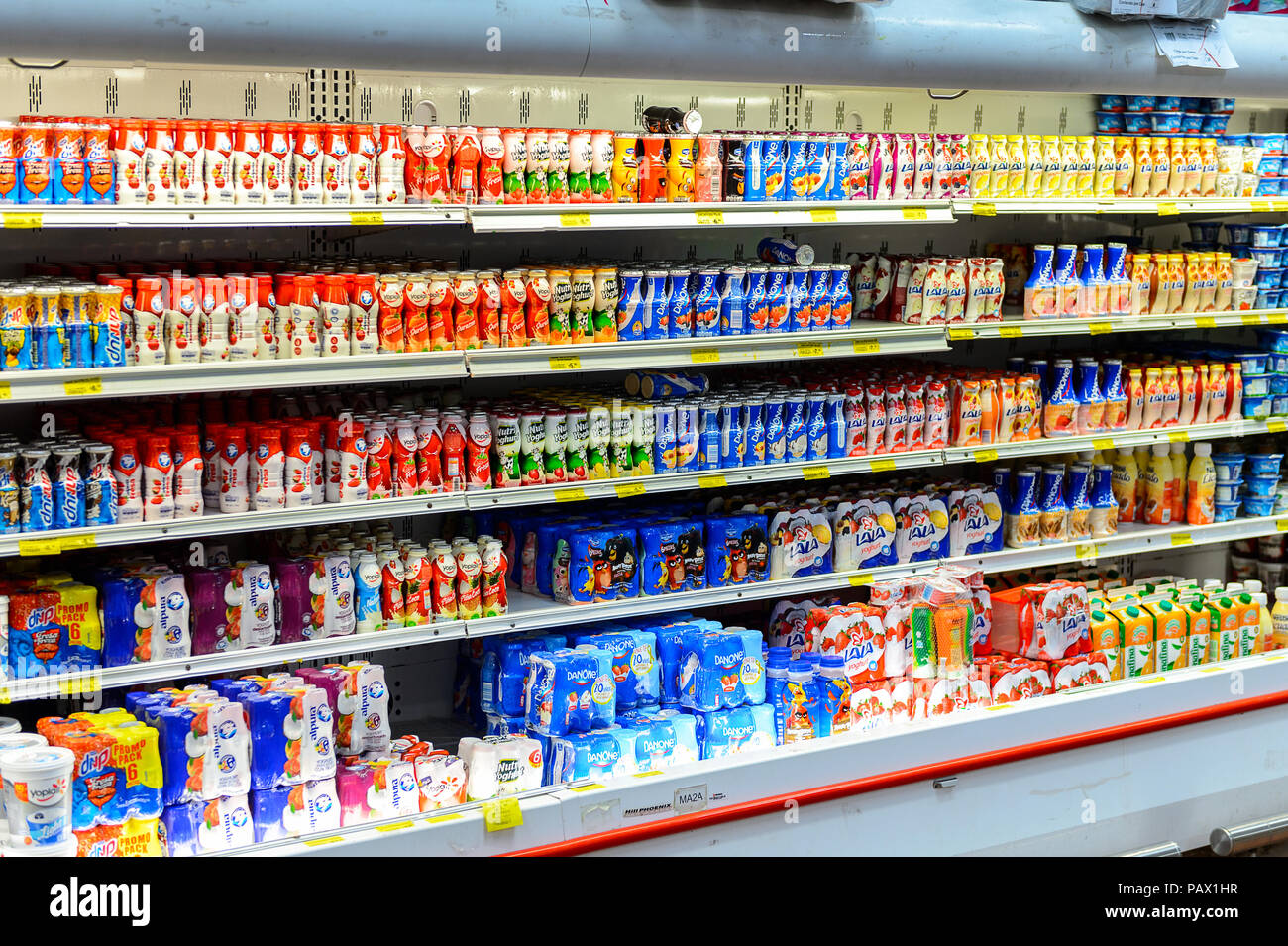 OAXACA, MEXICO - NOV 1, 2016: Milk products section of the supermarket ...