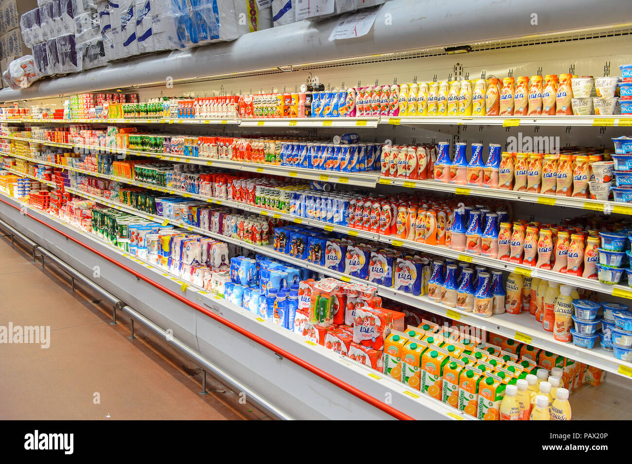 OAXACA, MEXICO - NOV 1, 2016: Milk products section of the supermarket ...