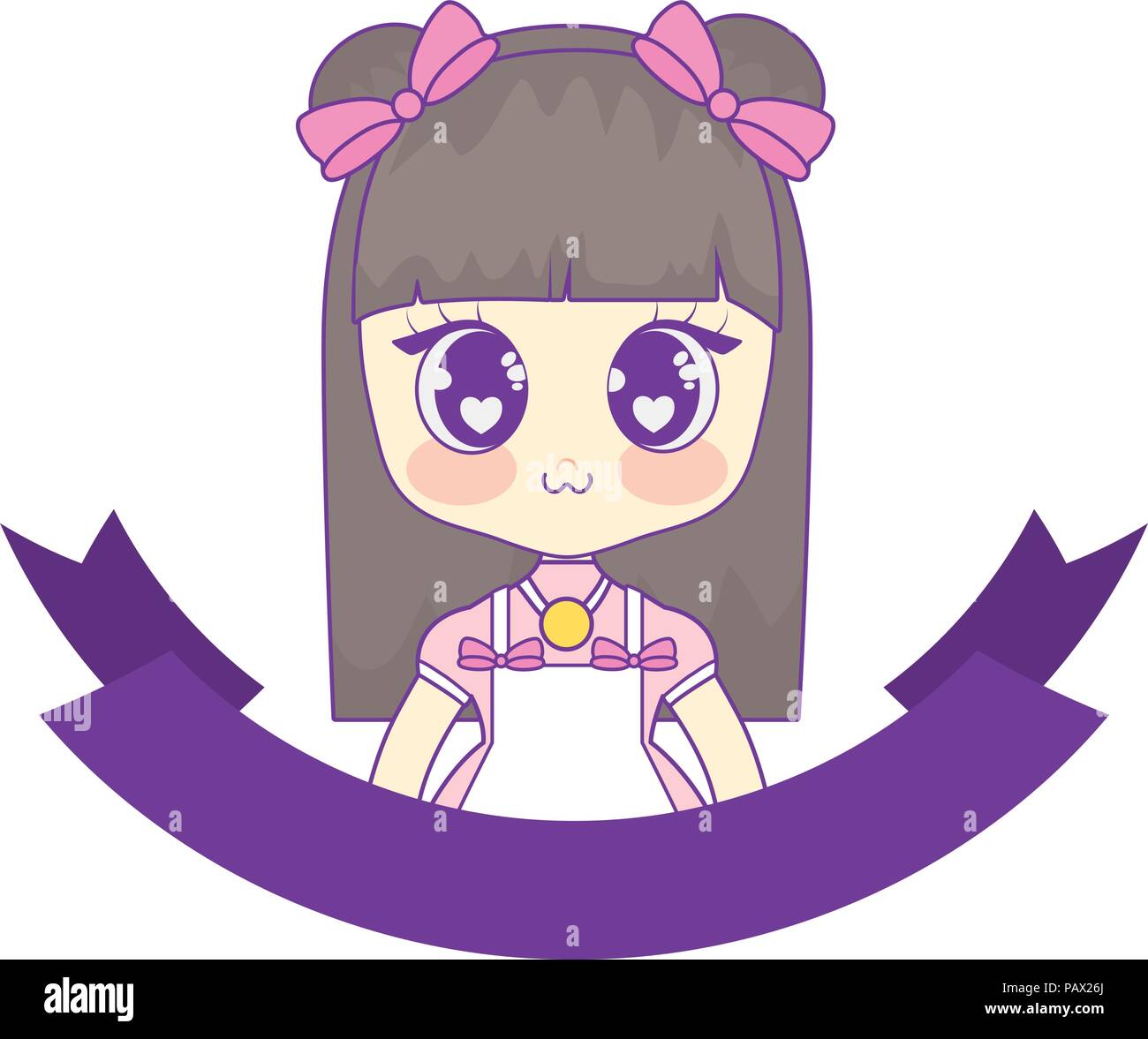 emblem with cute asian girl icon and decorative ribbon over white ...