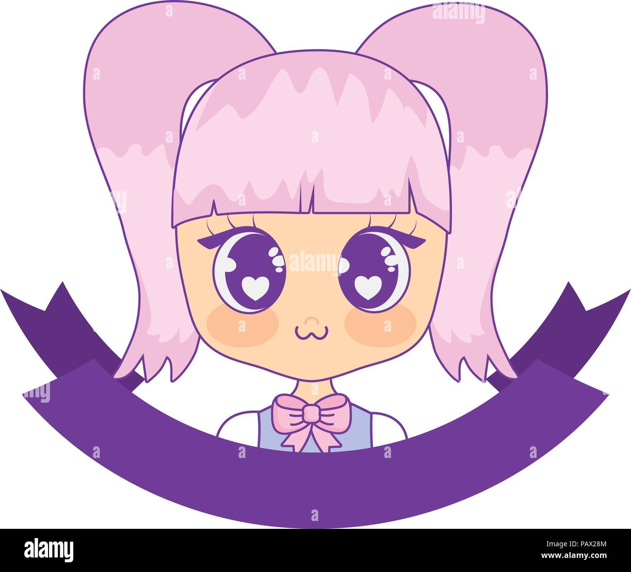 emblem with cute asian girl icon and decorative ribbon over white ...