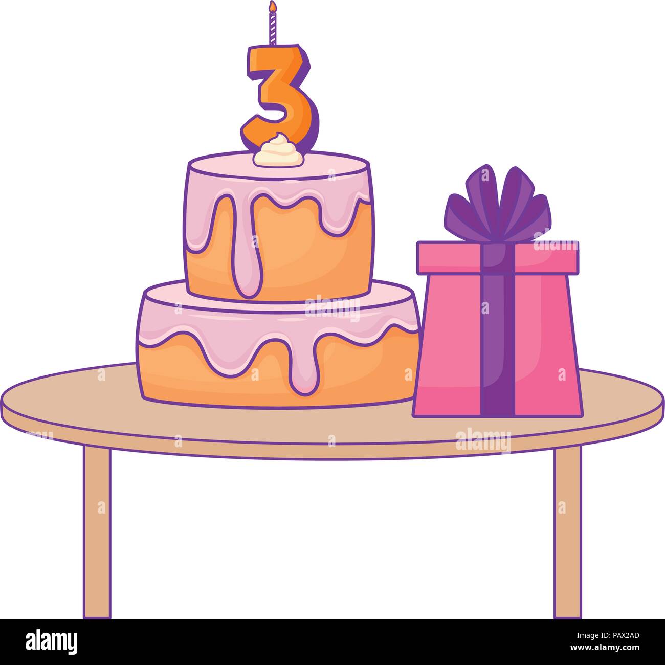 table with birthday cake and gift box over white background, vector ...