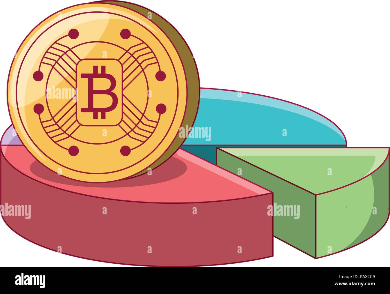 pie chart and bitcoin coin icon over white background, vector ...