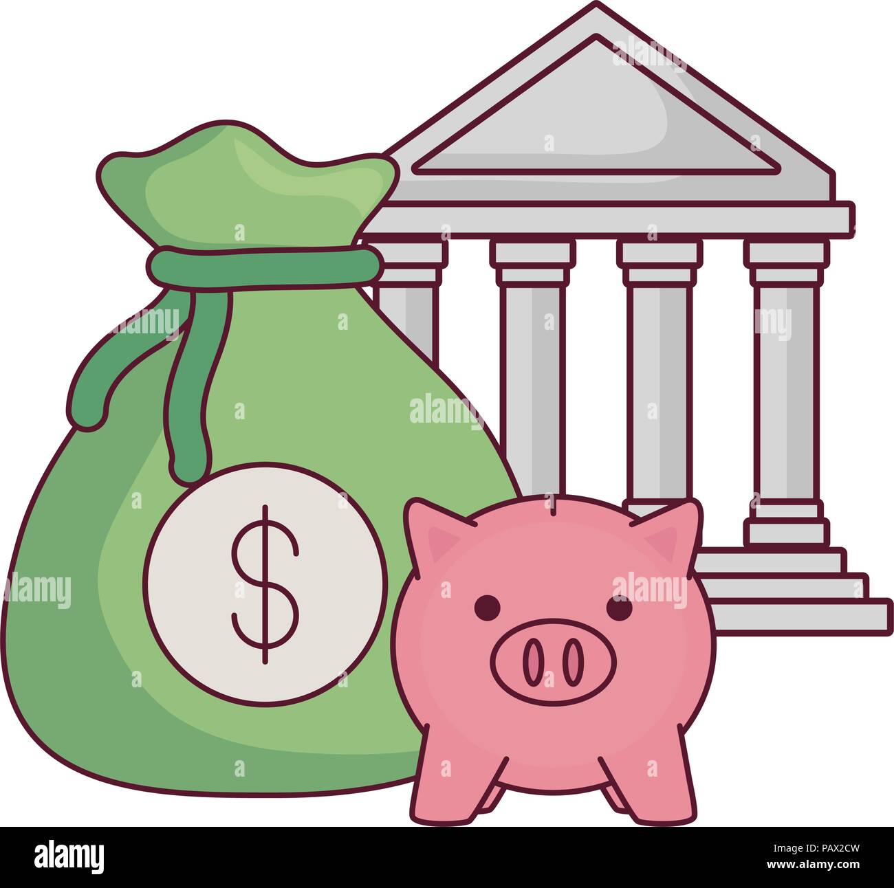 bank building with sack of money and piggy bank icon over white ...