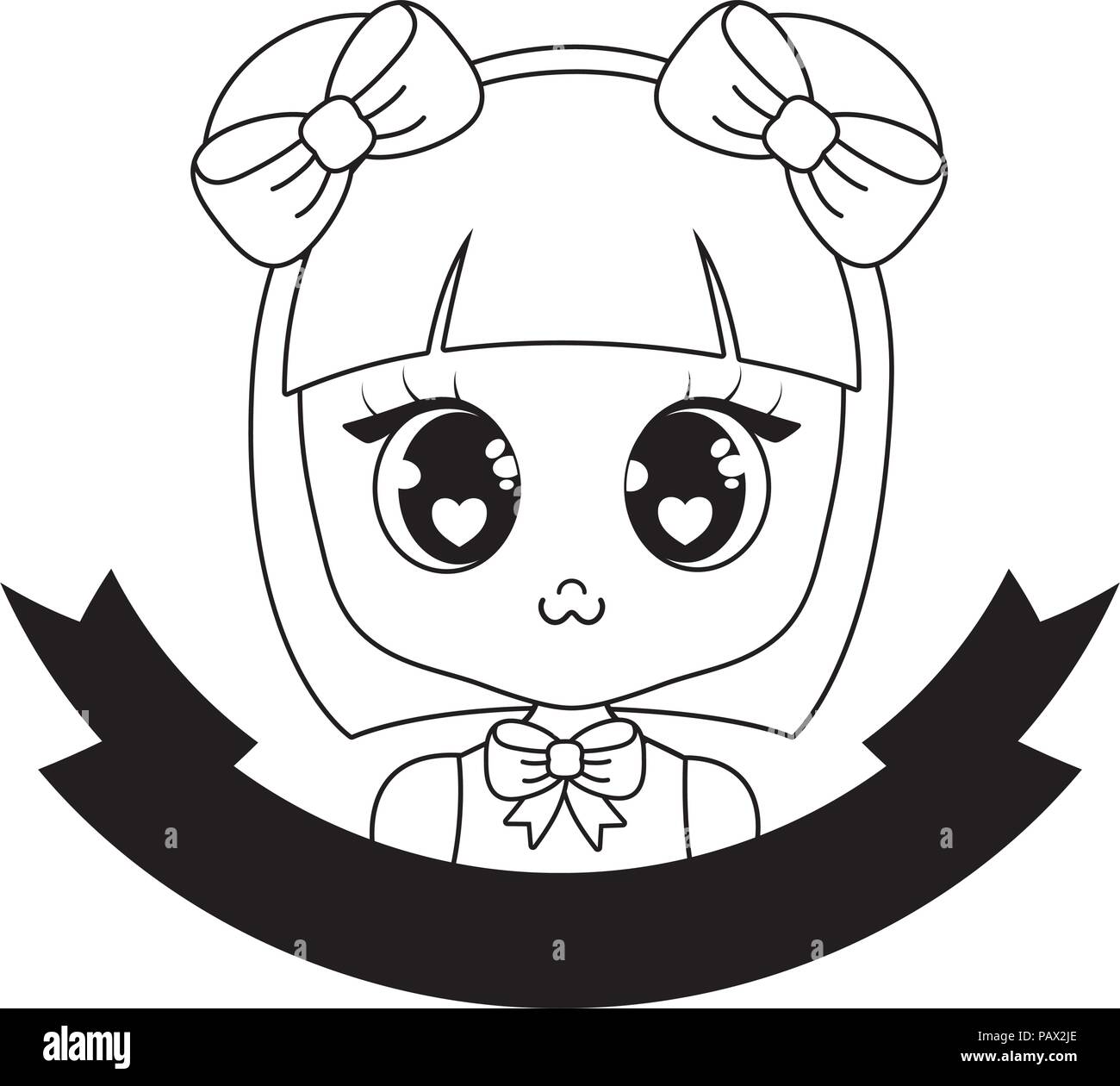 emblem with cute asian girl icon and decorative ribbon over white ...