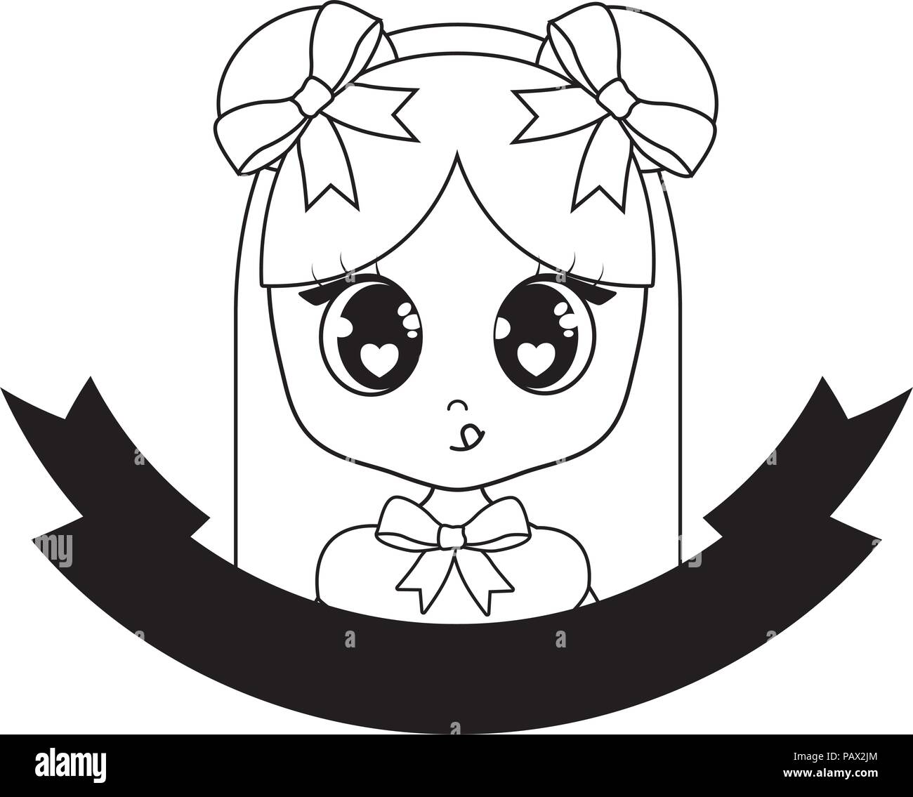 emblem with cute asian girl icon and decorative ribbon over white ...