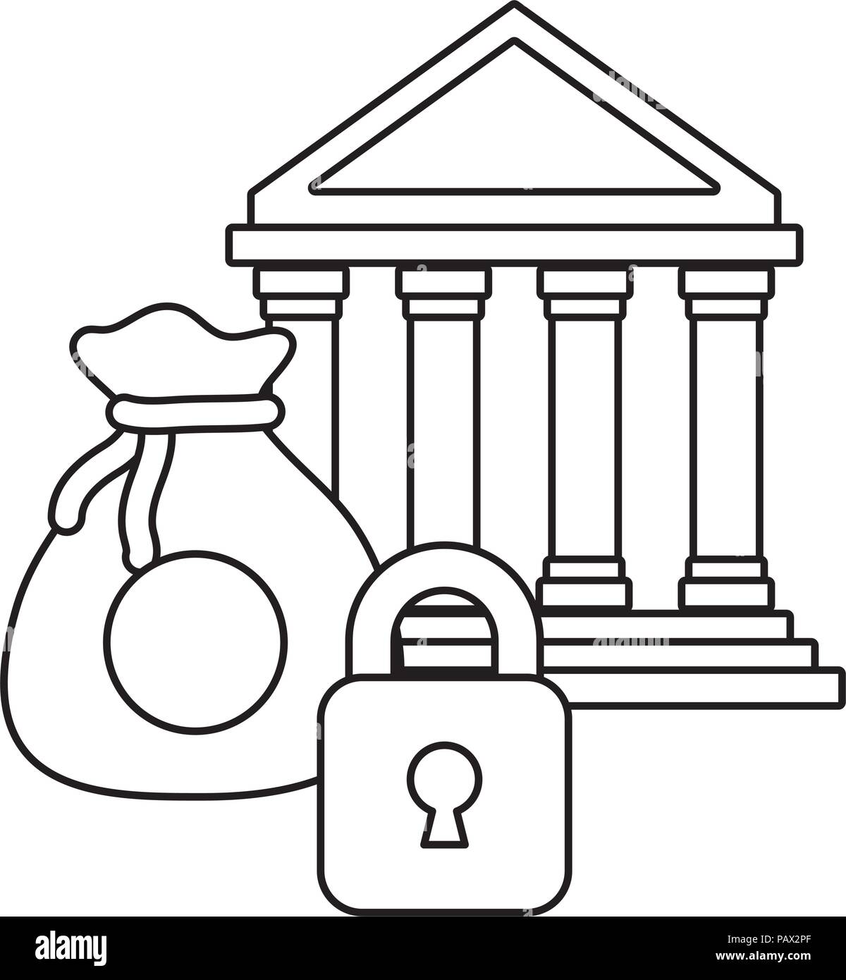 bank building with padlock and money sack icon over white background ...