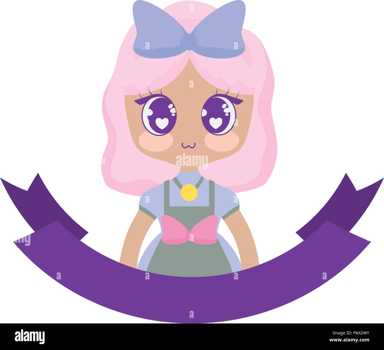 emblem with cute asian girl icon and decorative ribbon over white ...