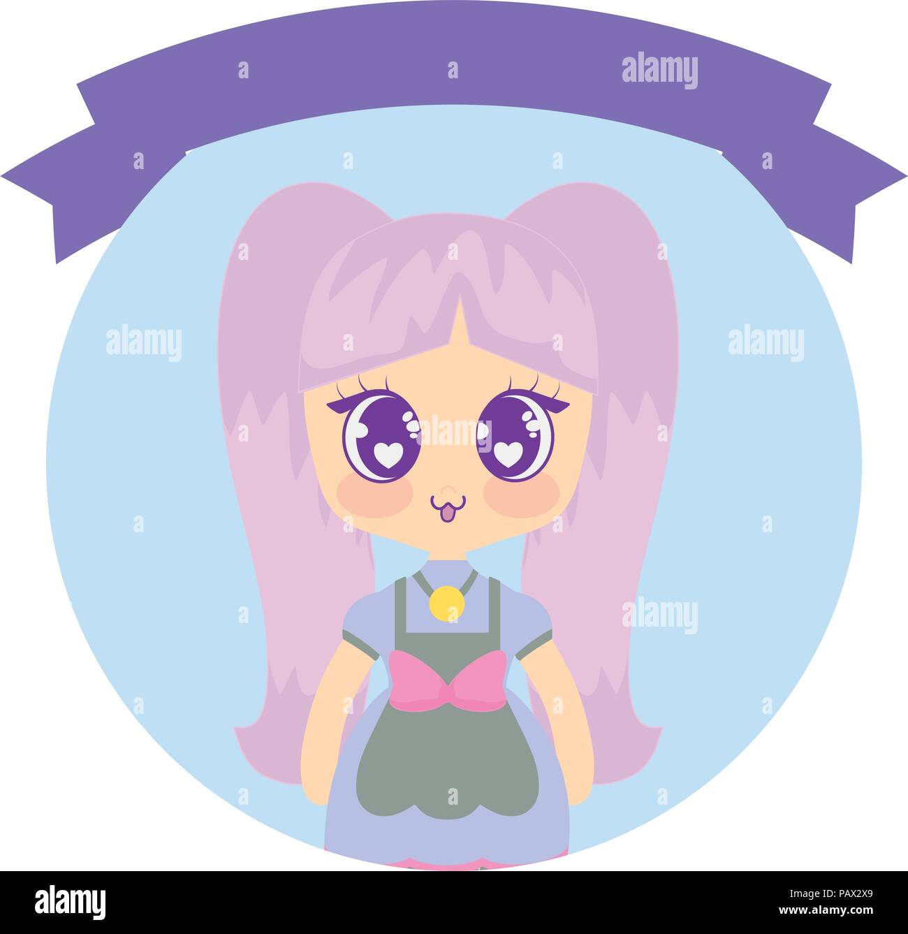 emblem with cute asian girl icon and decorative ribbon over white ...