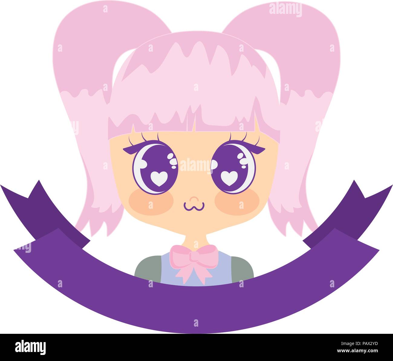 emblem with cute asian girl icon and decorative ribbon over white ...